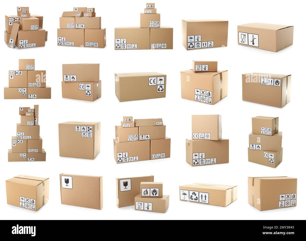 Set of cardboard boxes with packaging symbols on white background Stock ...