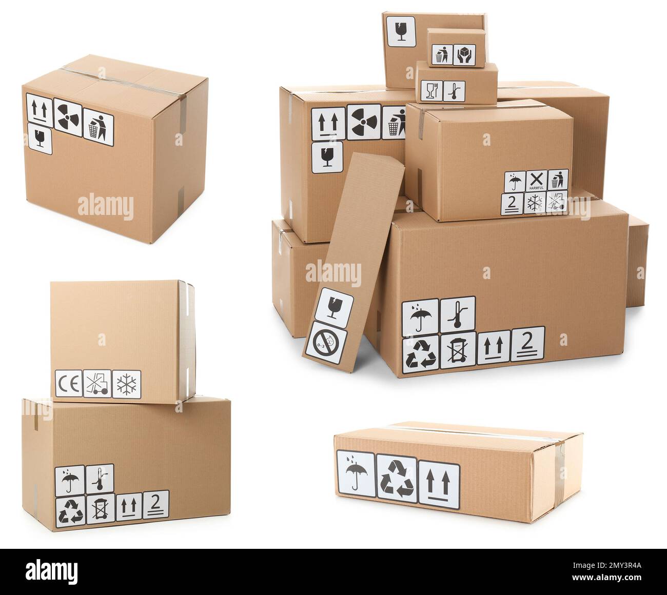 Set of cardboard boxes with packaging symbols on white background Stock ...