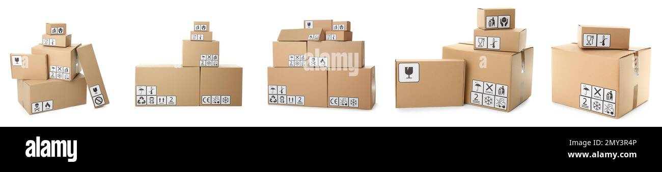 Set of cardboard boxes with packaging symbols on white background ...