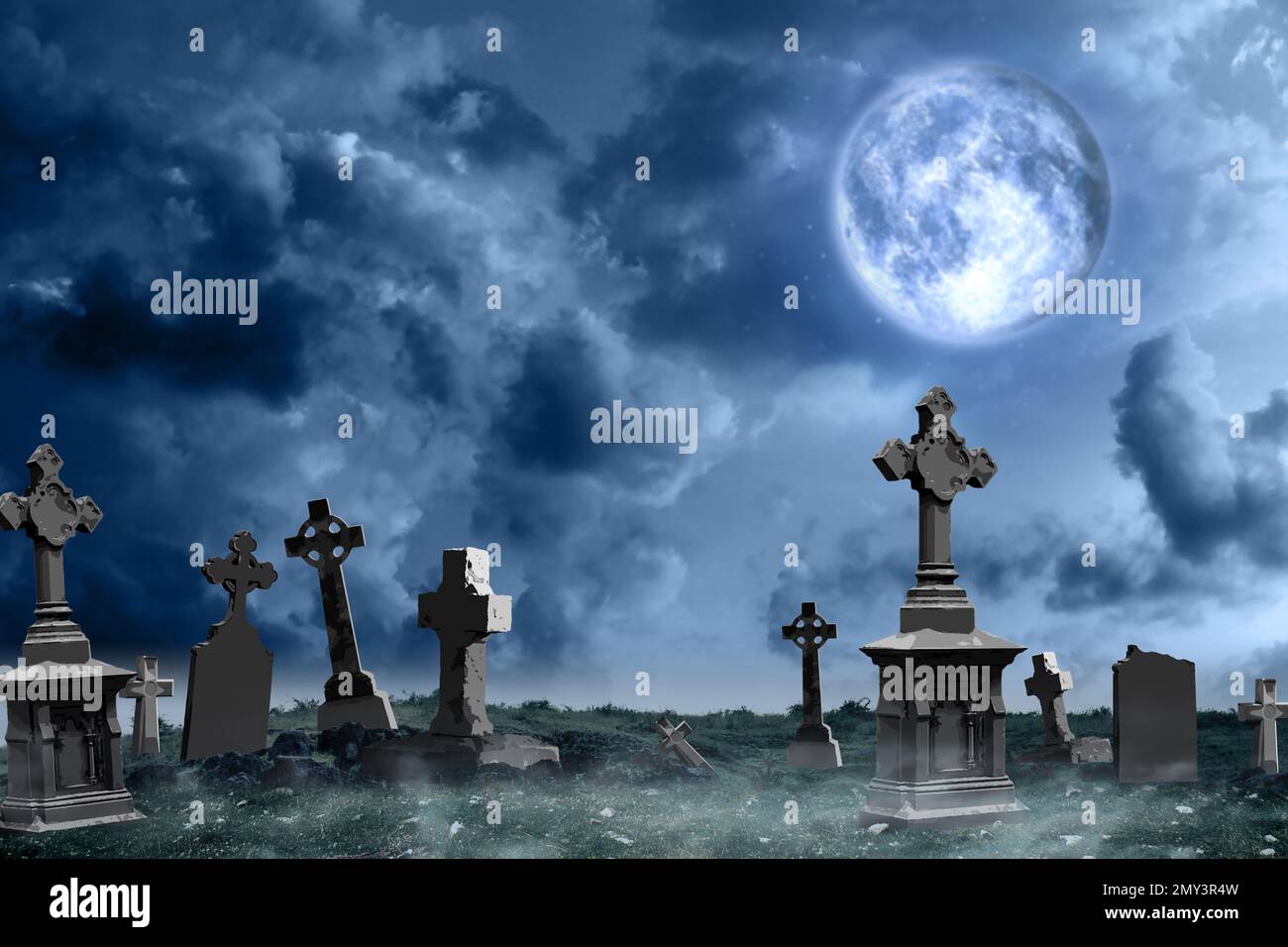 Misty graveyard with old creepy headstones under full moon on Halloween ...