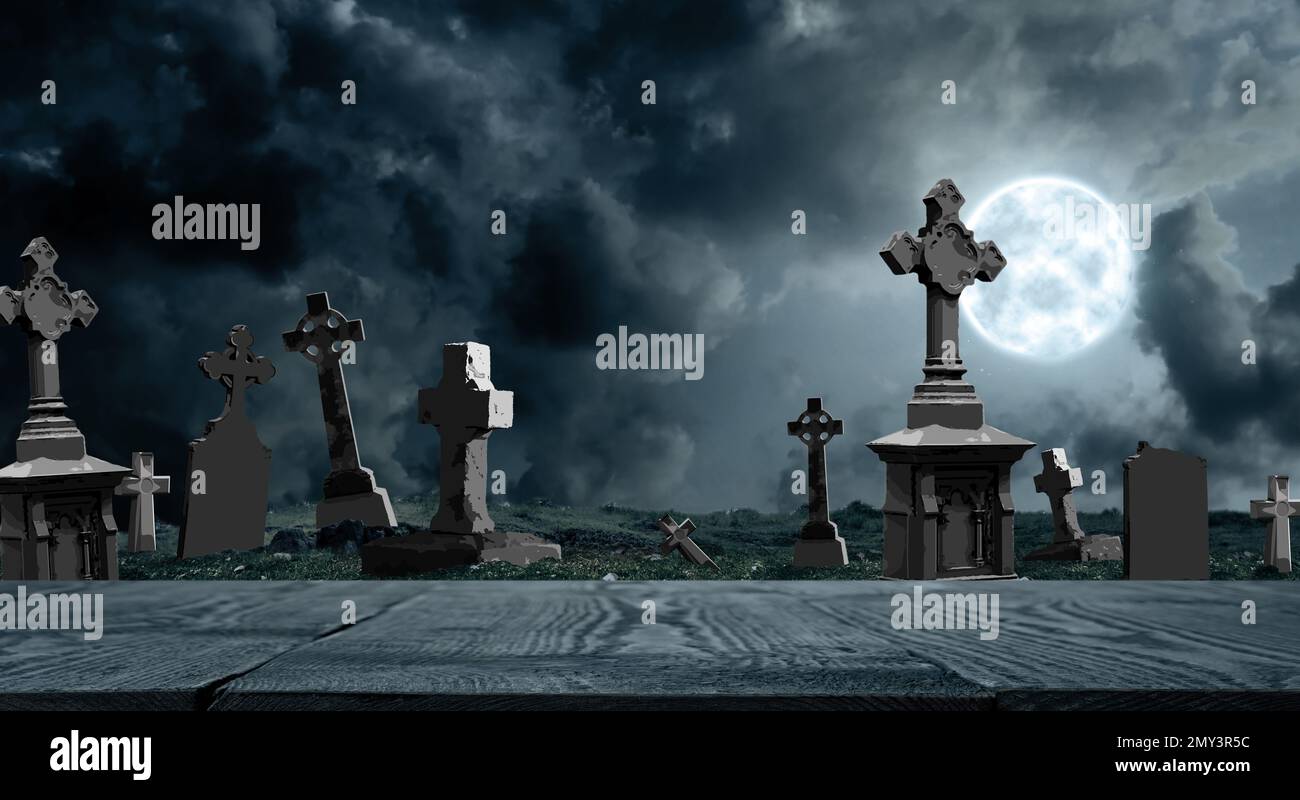 Wooden surface and moonlit graveyard with old creepy headstones ...