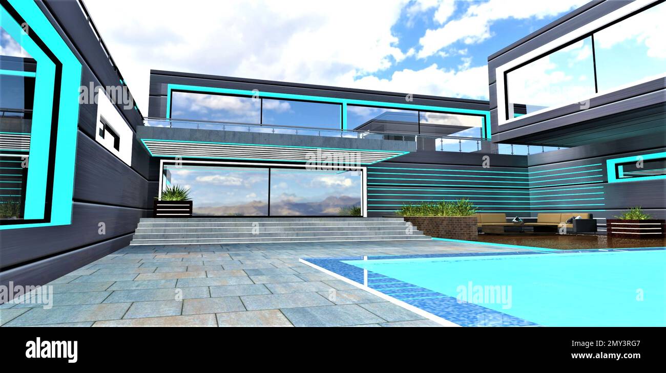 Awesome courtyard with luminous pool. Parallel horizontal glowing lines ...