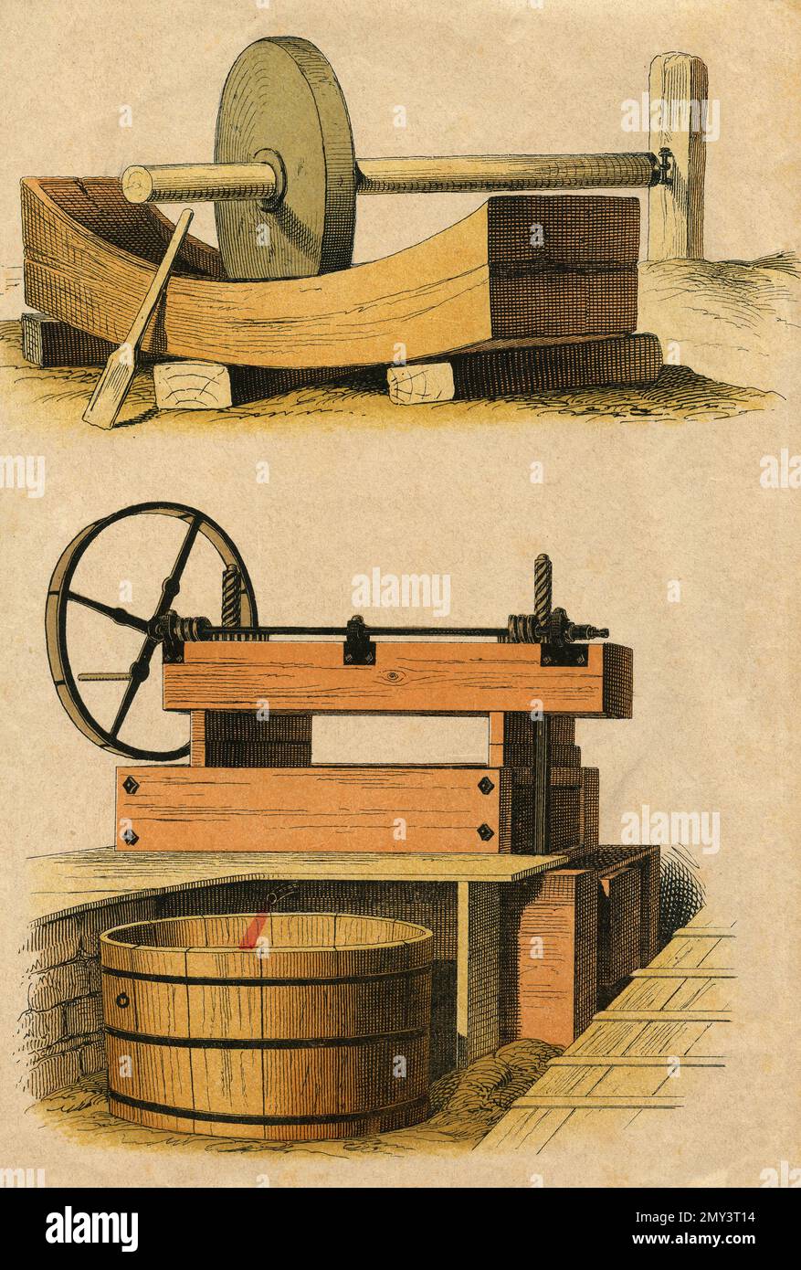 Ancient machineries: mill and winepress, color illustration, 1800s ...
