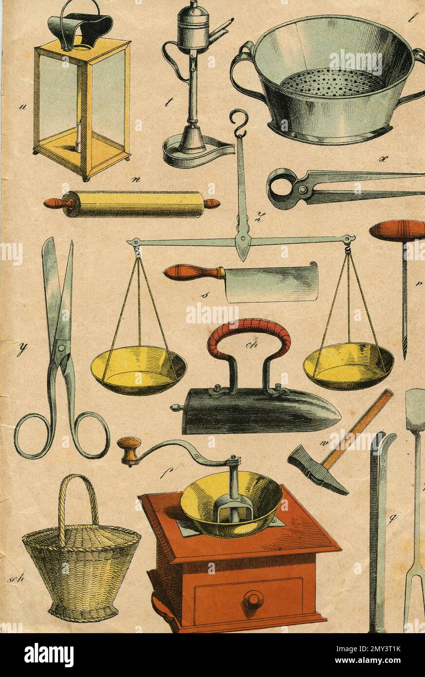 Ancient commonly used objects: grinder, scale, scissor, pliers, sieve ...