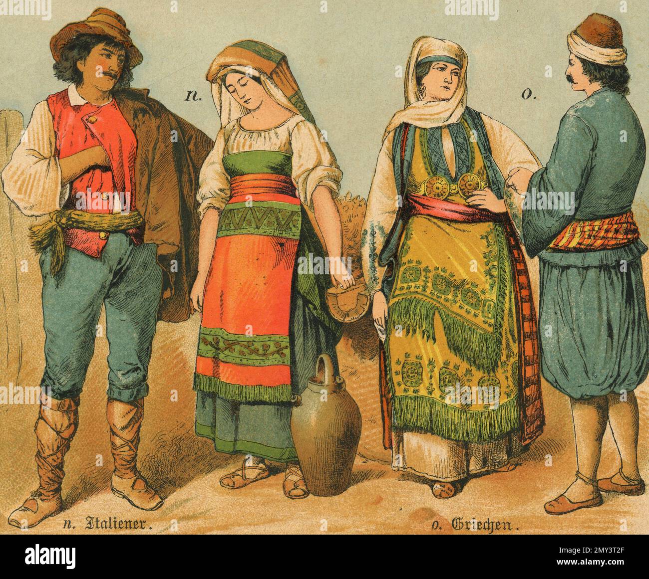 Populations of the world: Italians, Greeks, color illustration, Germany ...