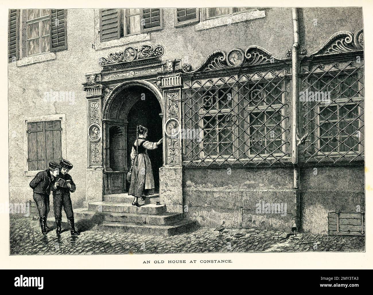 Antique engraving of an old house at Konstanz, Germany. Illustration ...