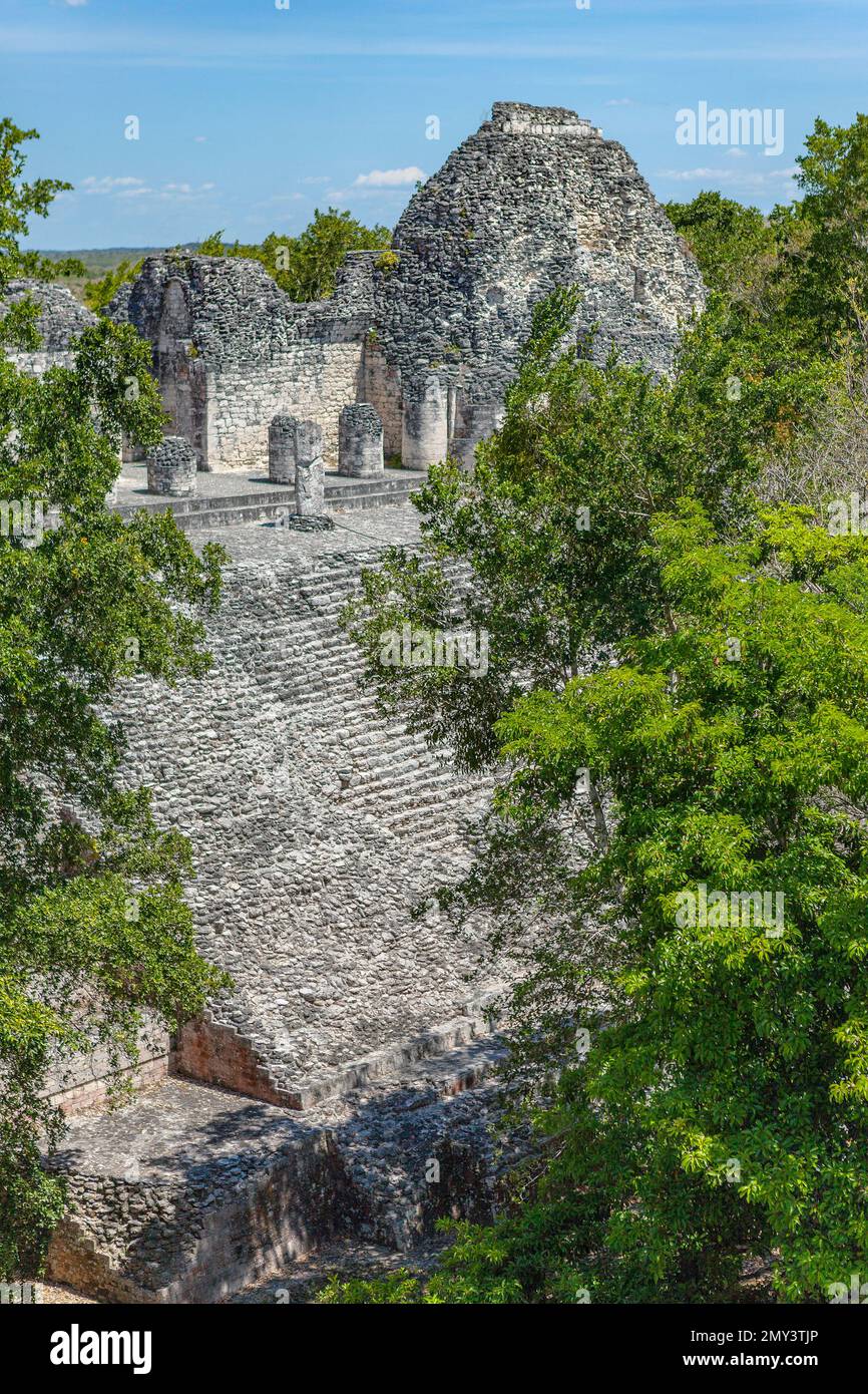 Structure VIII of the ancient Mayan ruins at Becán, viewed from the top ...