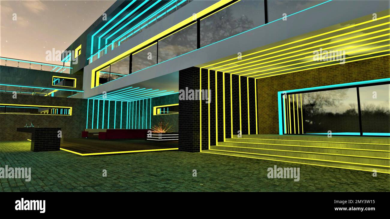 Turquoise and yellow illumination of the amazing courtyard on the ...