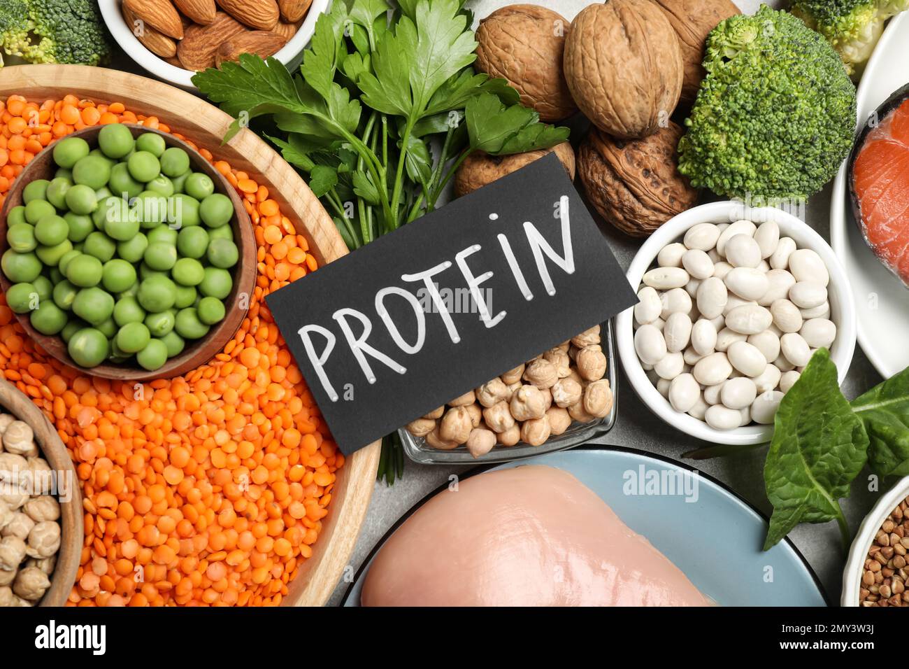 Card with word PROTEIN and different products on table, flat lay Stock ...