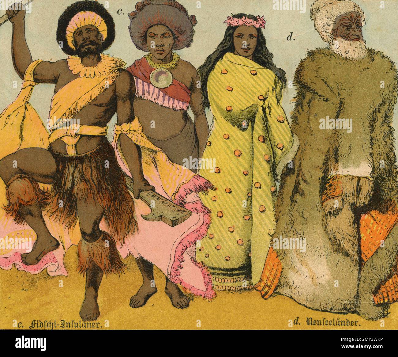 Populations of the world: Fiji Islands, New Zealand, color illustration ...