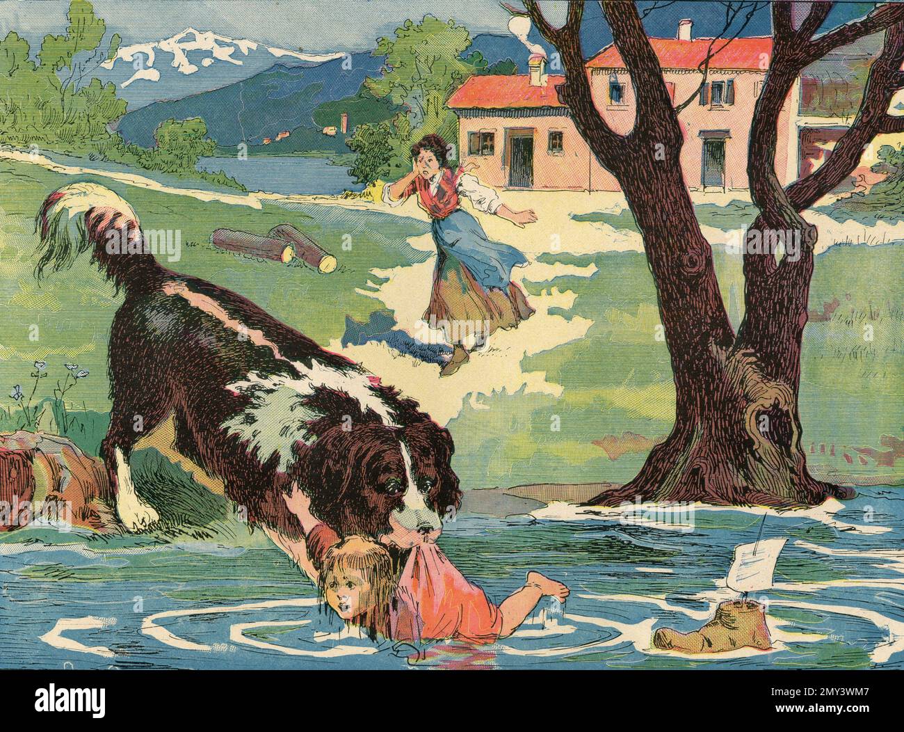 Mother with the dog saving the child from drowning, color illustration ...