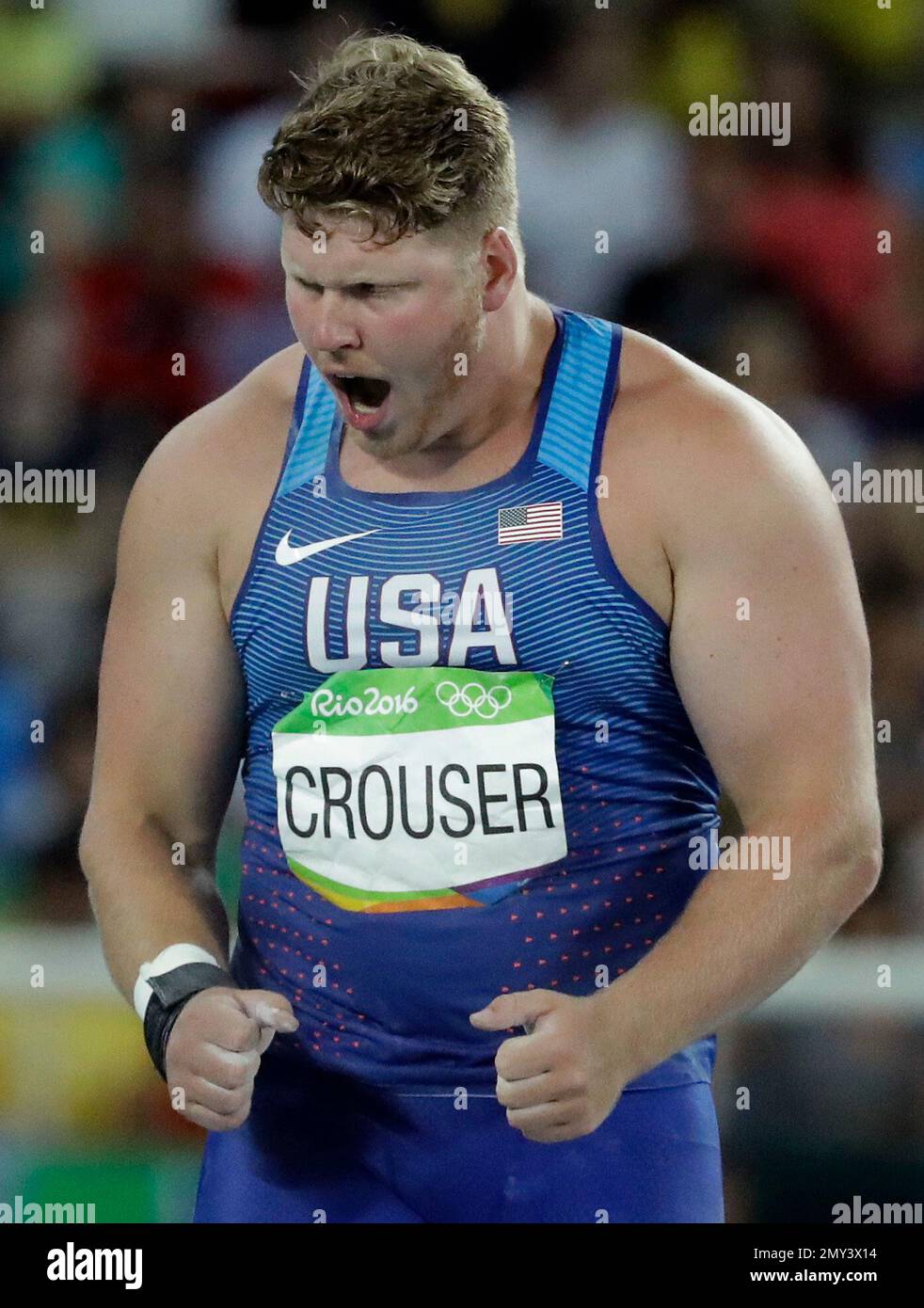 United States' Ryan Crouser celebrates after an attempt in the men's ...