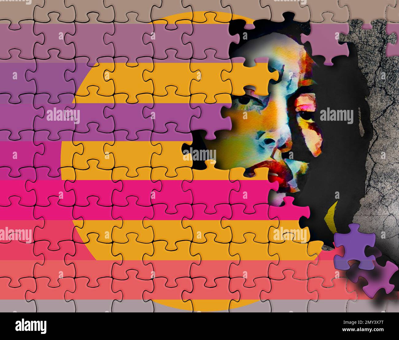 Jigsaw puzzle pieces form a background image with a woman looking out ...