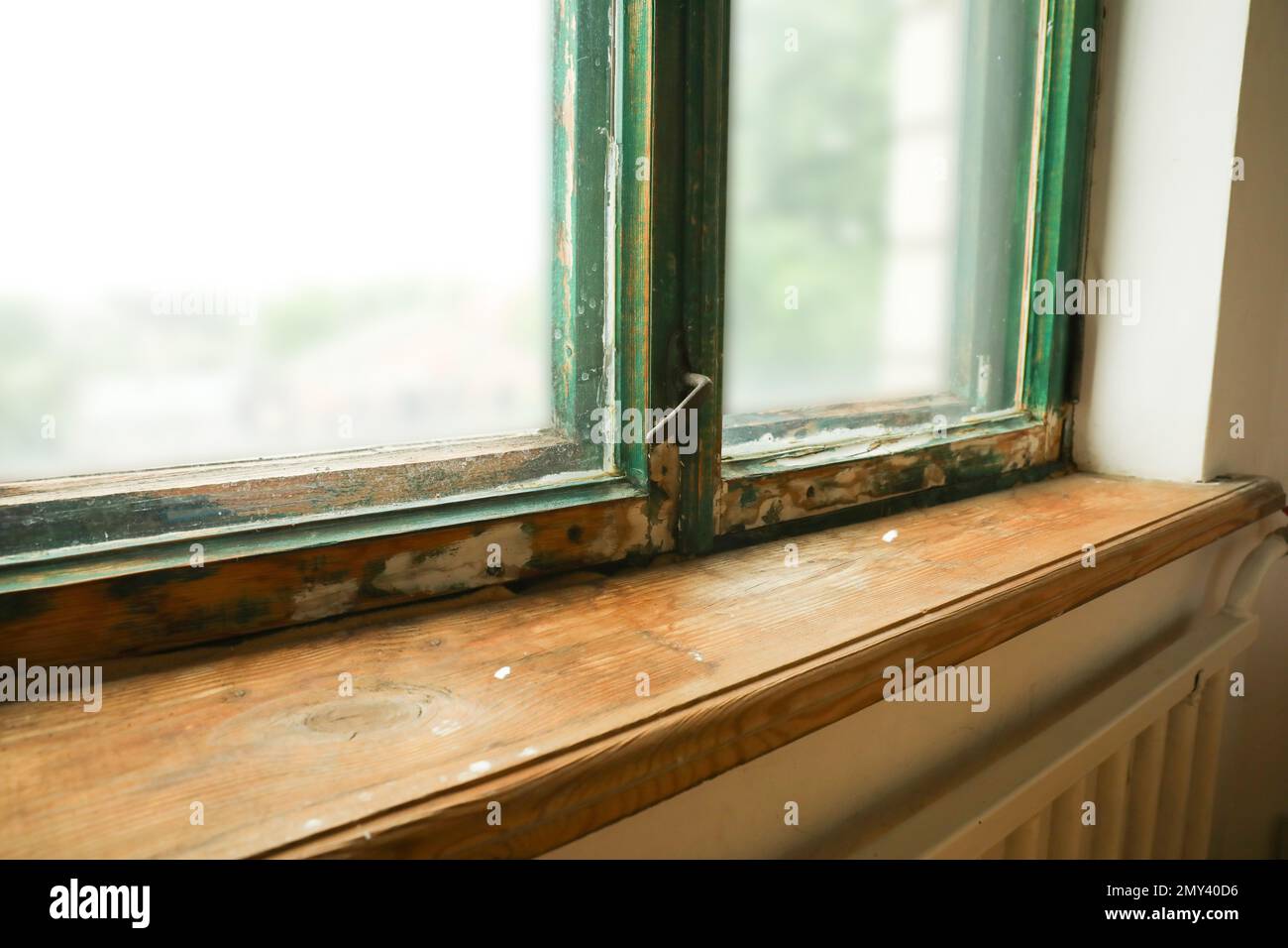 Old window with wooden sill in room Stock Photo - Alamy