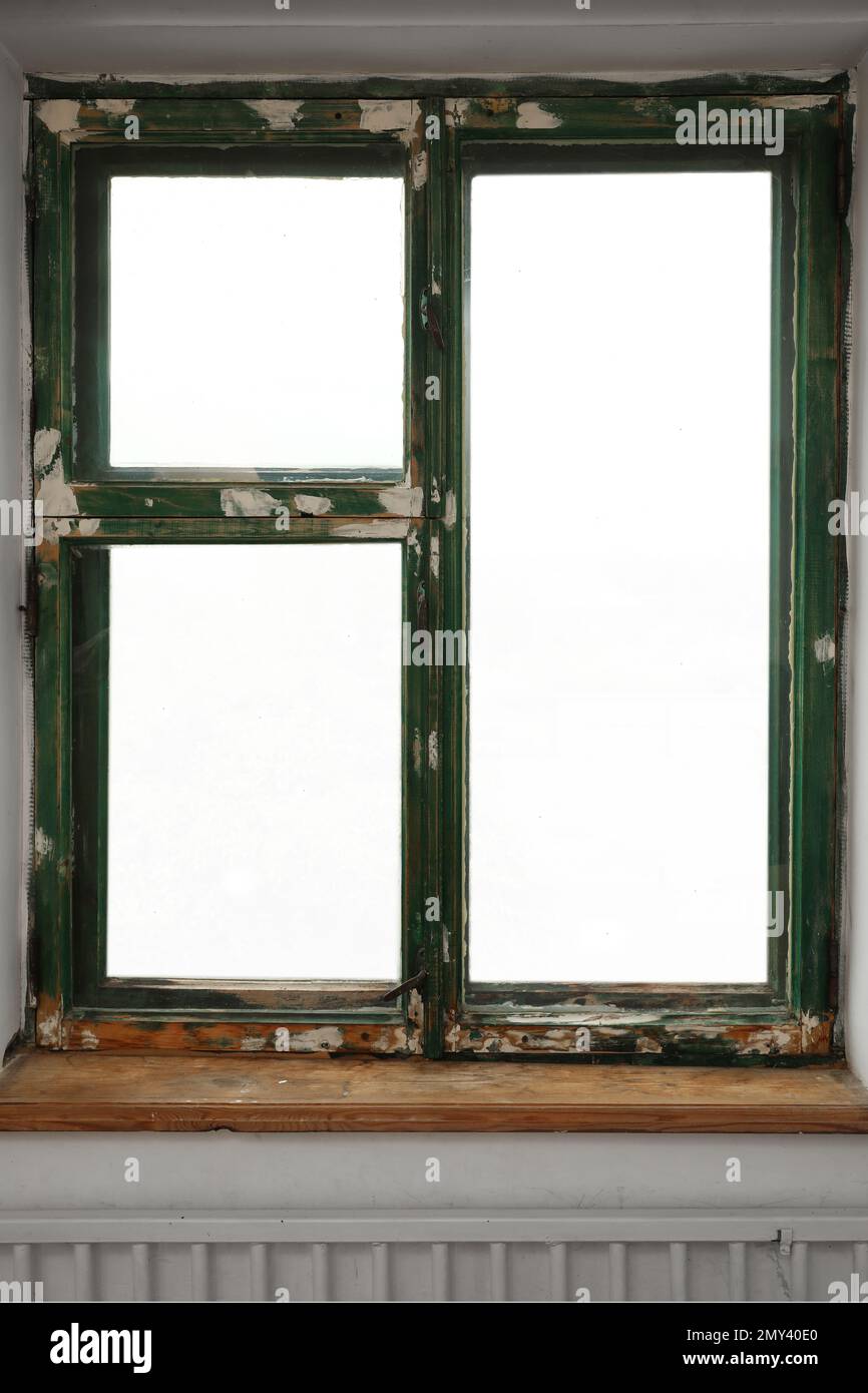 Old window with empty wooden sill in room Stock Photo - Alamy