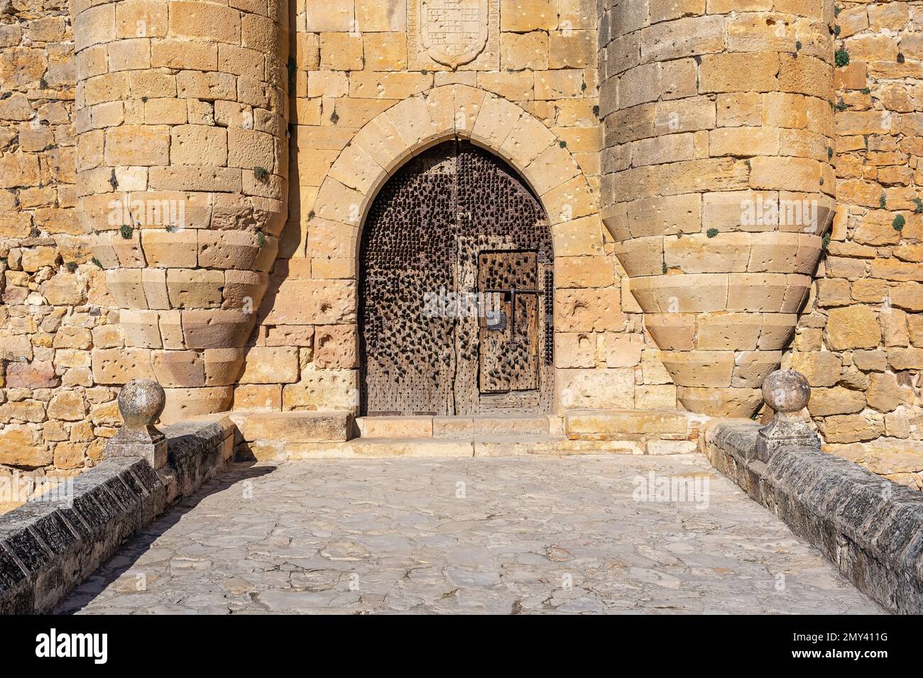 Entrance to the medieval castle of Pedraza with its defensive gate full ...