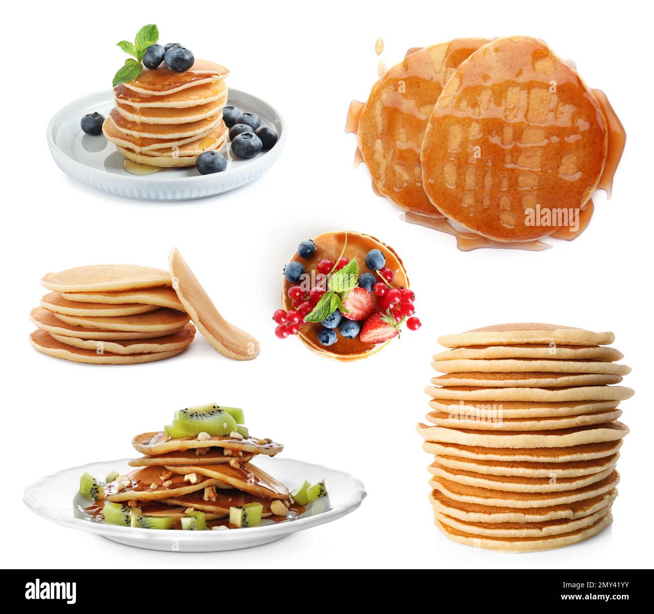 Set of delicious pancakes with different toppings on white background ...