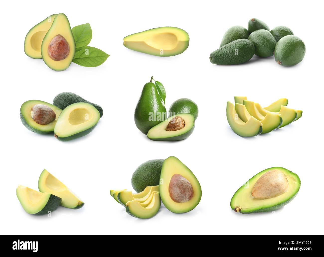 Set of cut and whole avocados on white background Stock Photo - Alamy