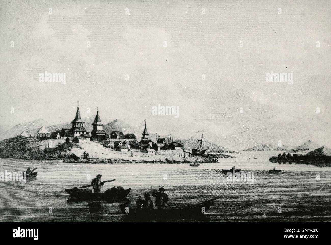 View of Ochotsk port on the Siberian Pacific, illustration, Russia ...