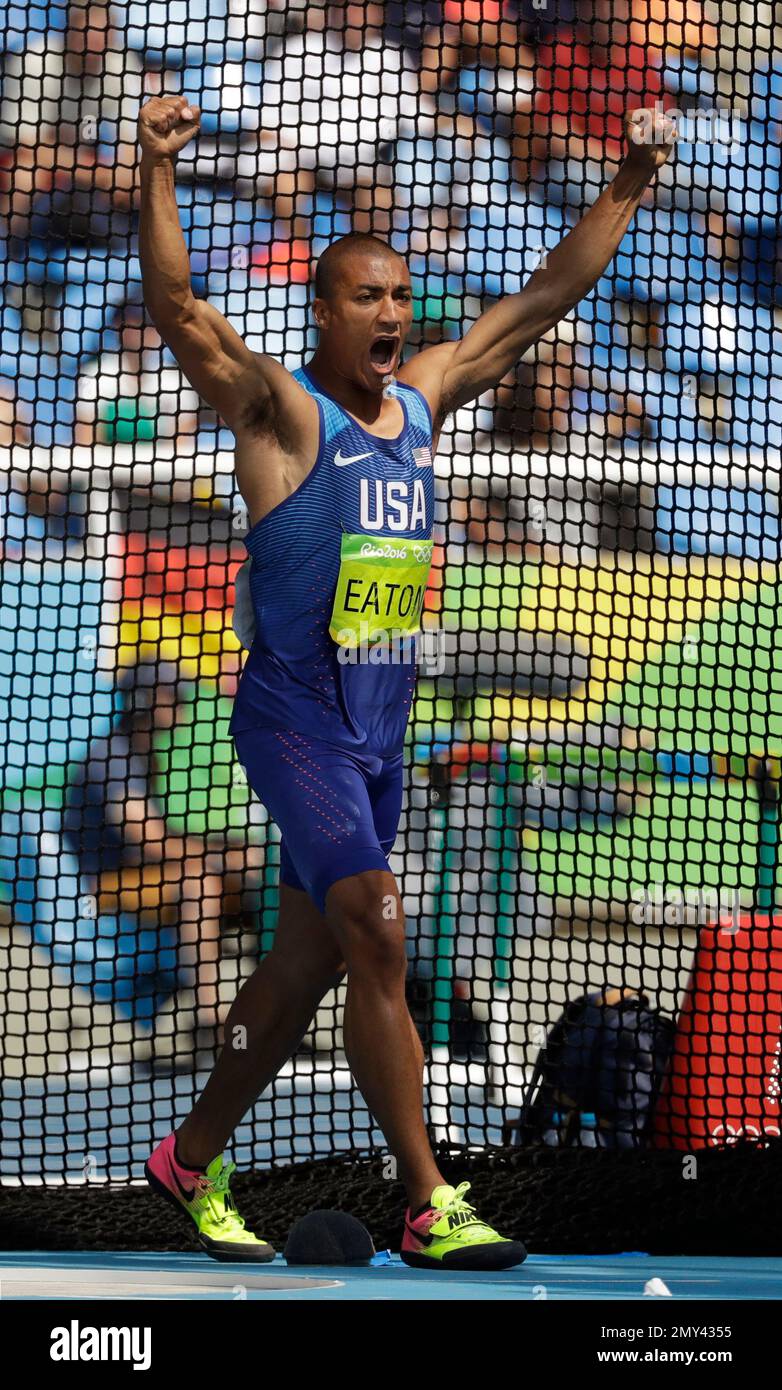 United States' Ashton Eaton competes in a decathlon discus throw ...