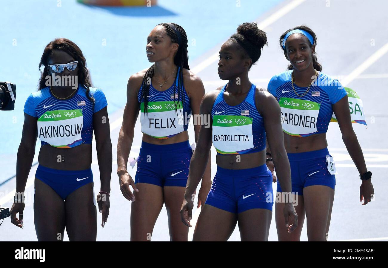 From left, the United States 4x100-meter relay team Morolake Akinosun ...