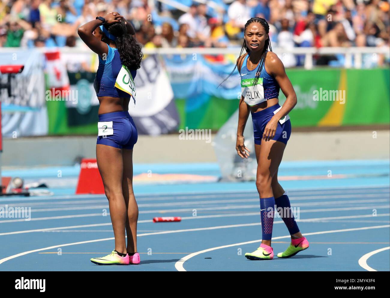 Allyson Felix, right, and English Gardner of the United States after ...