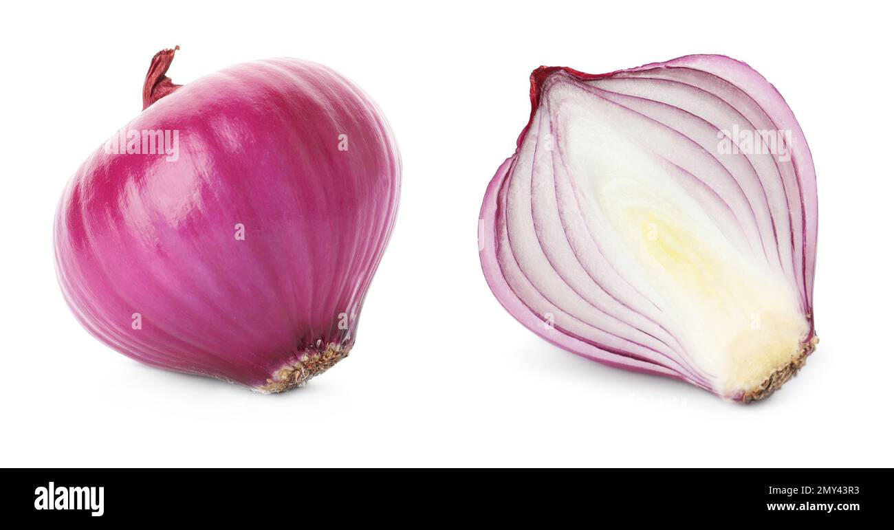 Cut and whole red onion on white background. Banner design Stock Photo ...