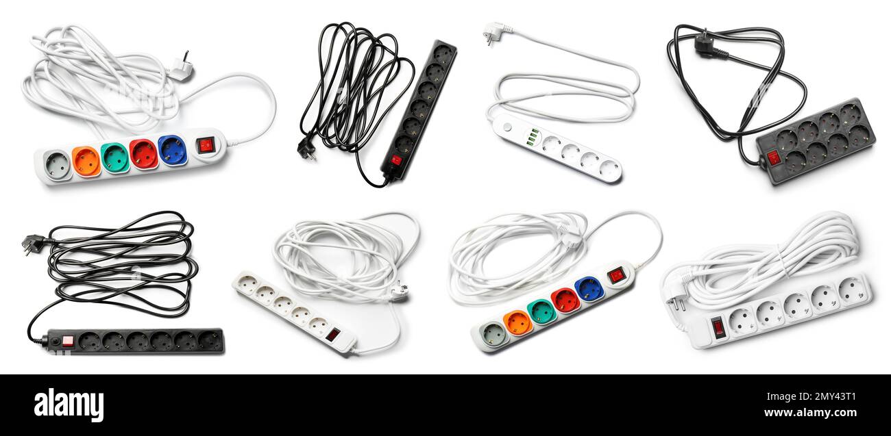 Set of different power boards on white background, top view ...