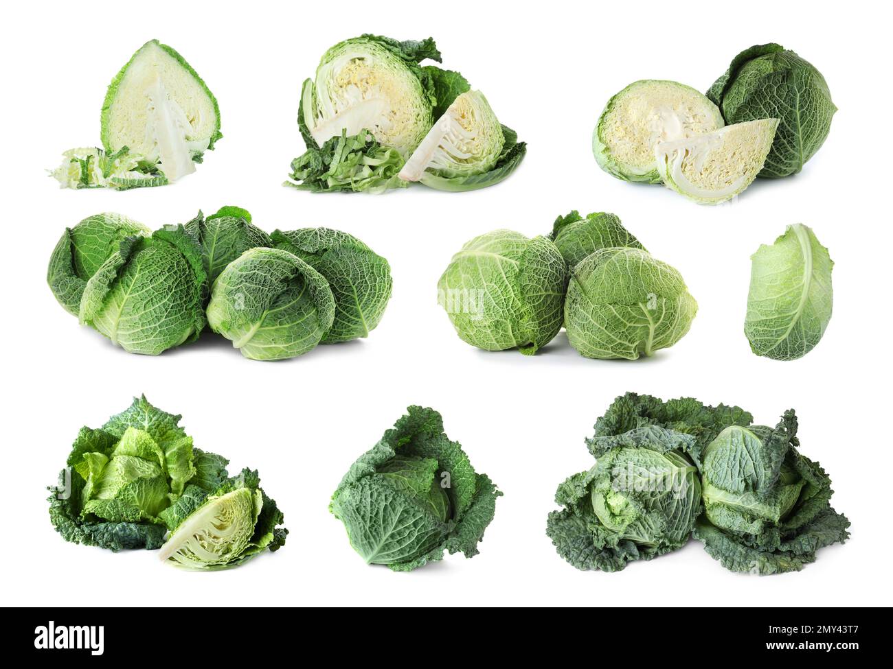 Set of cut and whole Savoy cabbages on white background Stock Photo - Alamy