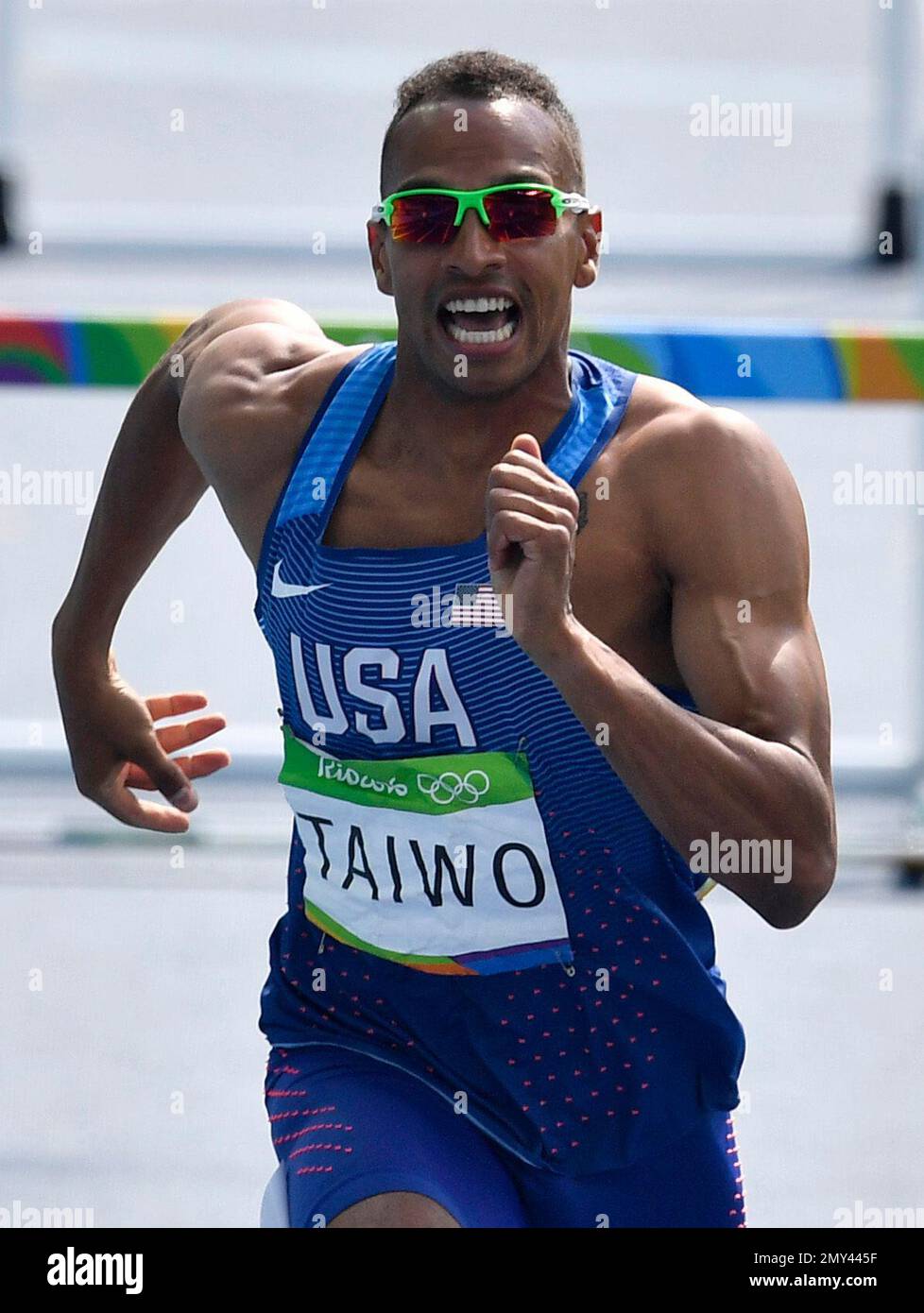United States' Jeremy Taiwo competes in a men's decathlon 110-meter ...