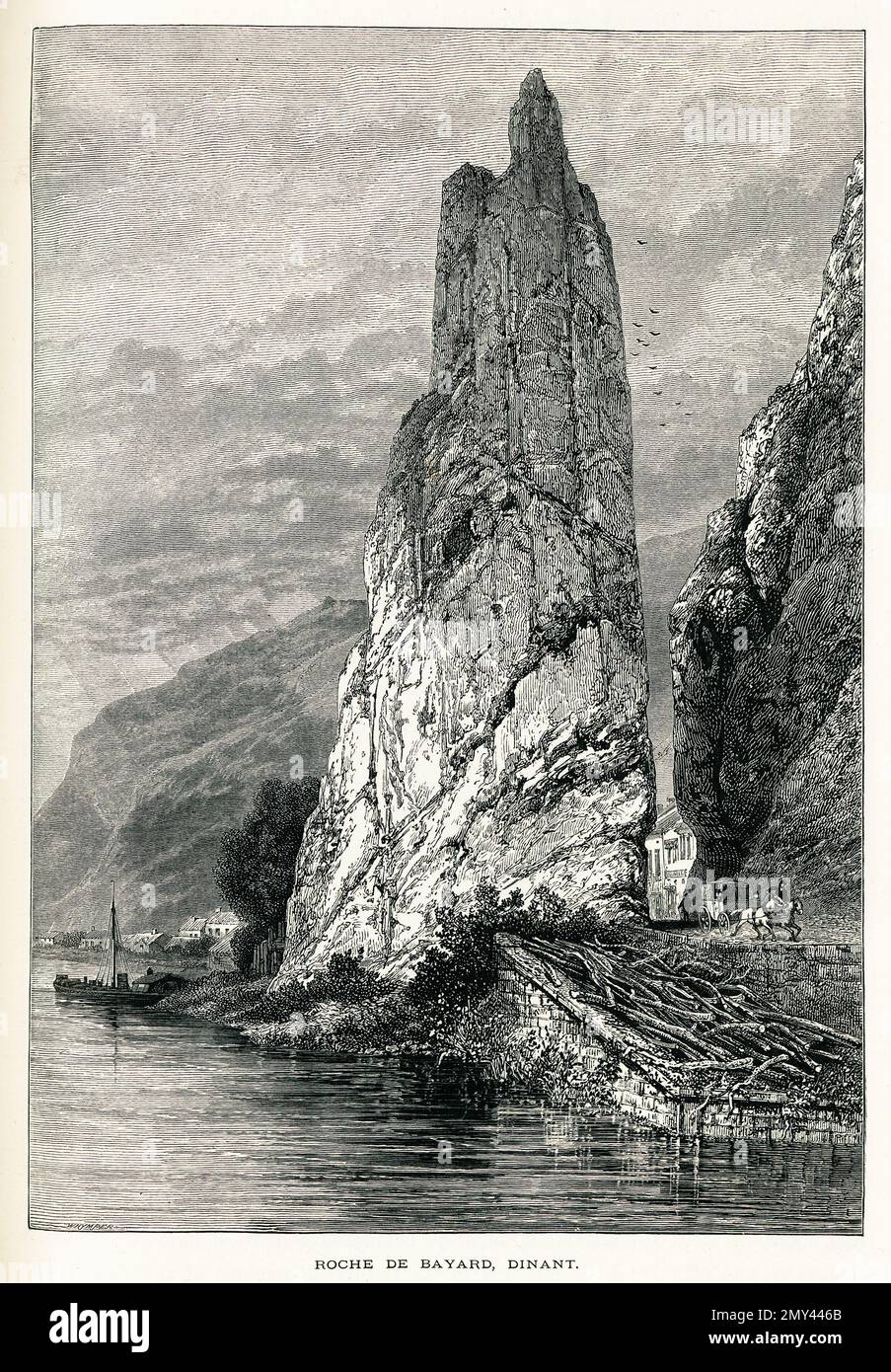 Antique illustration of Rocher Bayard, a cliff said to have been split ...