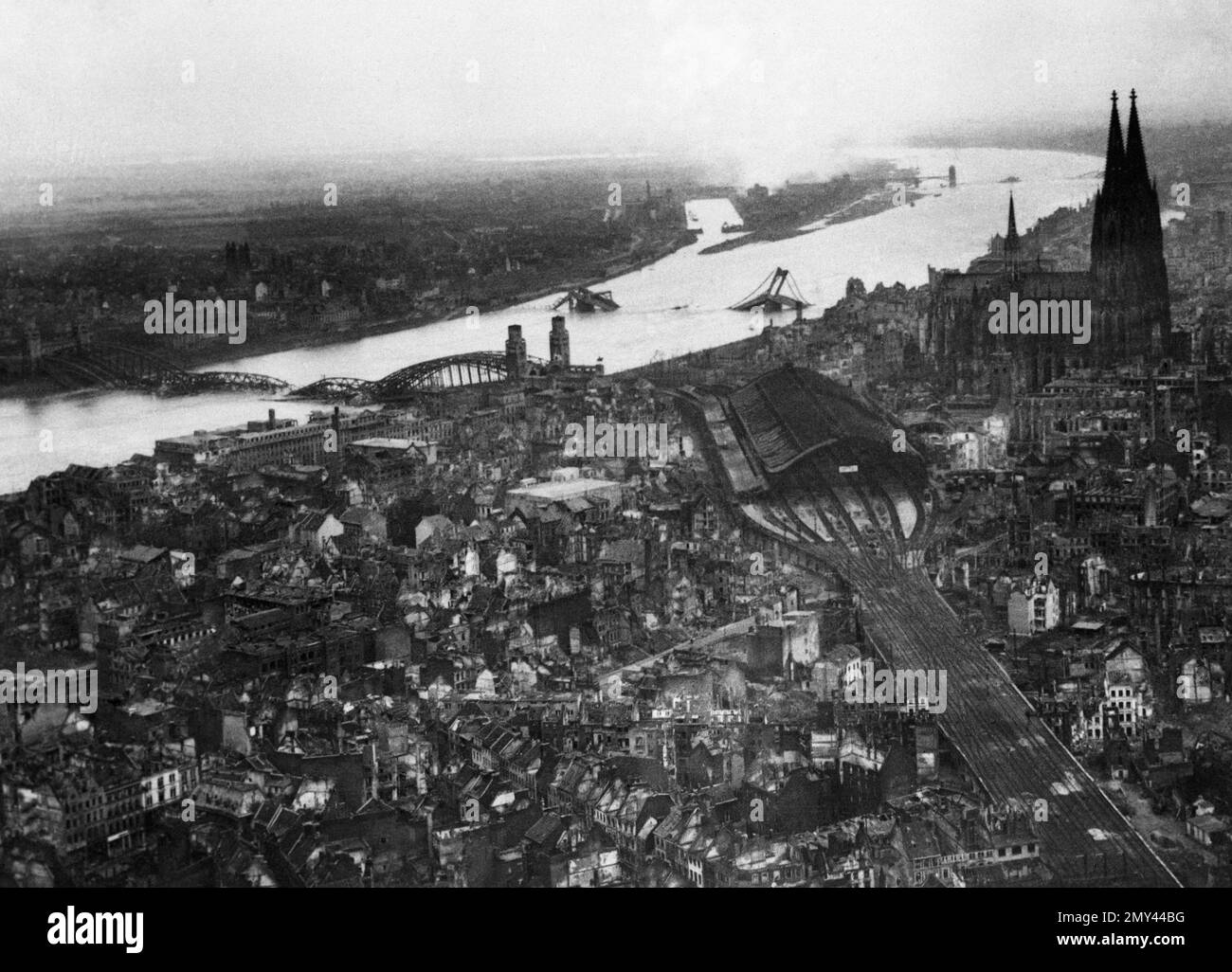 An aerial view of Cologne, Germany, taken from a cub spotter plane ...