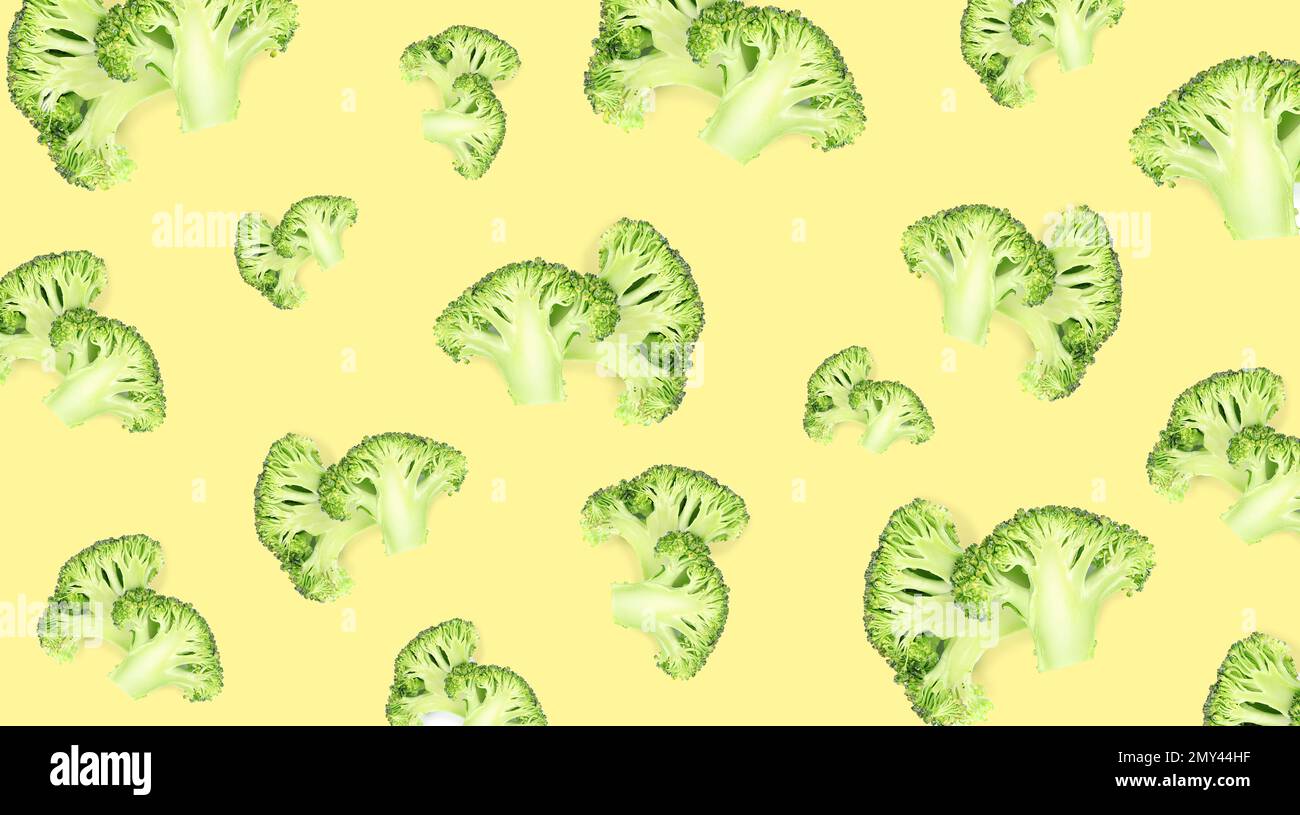 Pattern of fresh green broccoli on pale light yellow background, banner ...