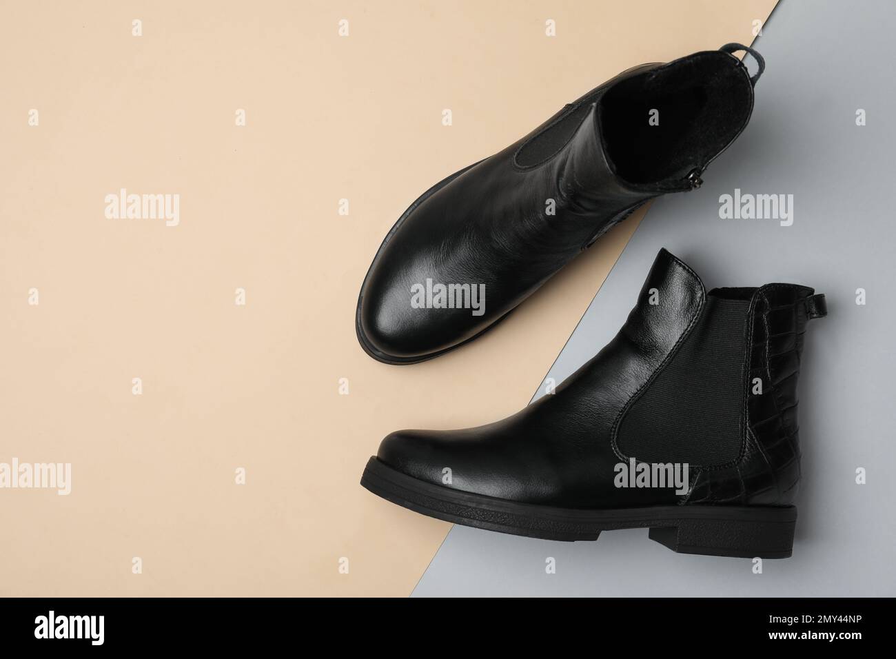 Stylish black female boots on color background, flat lay. Space for ...