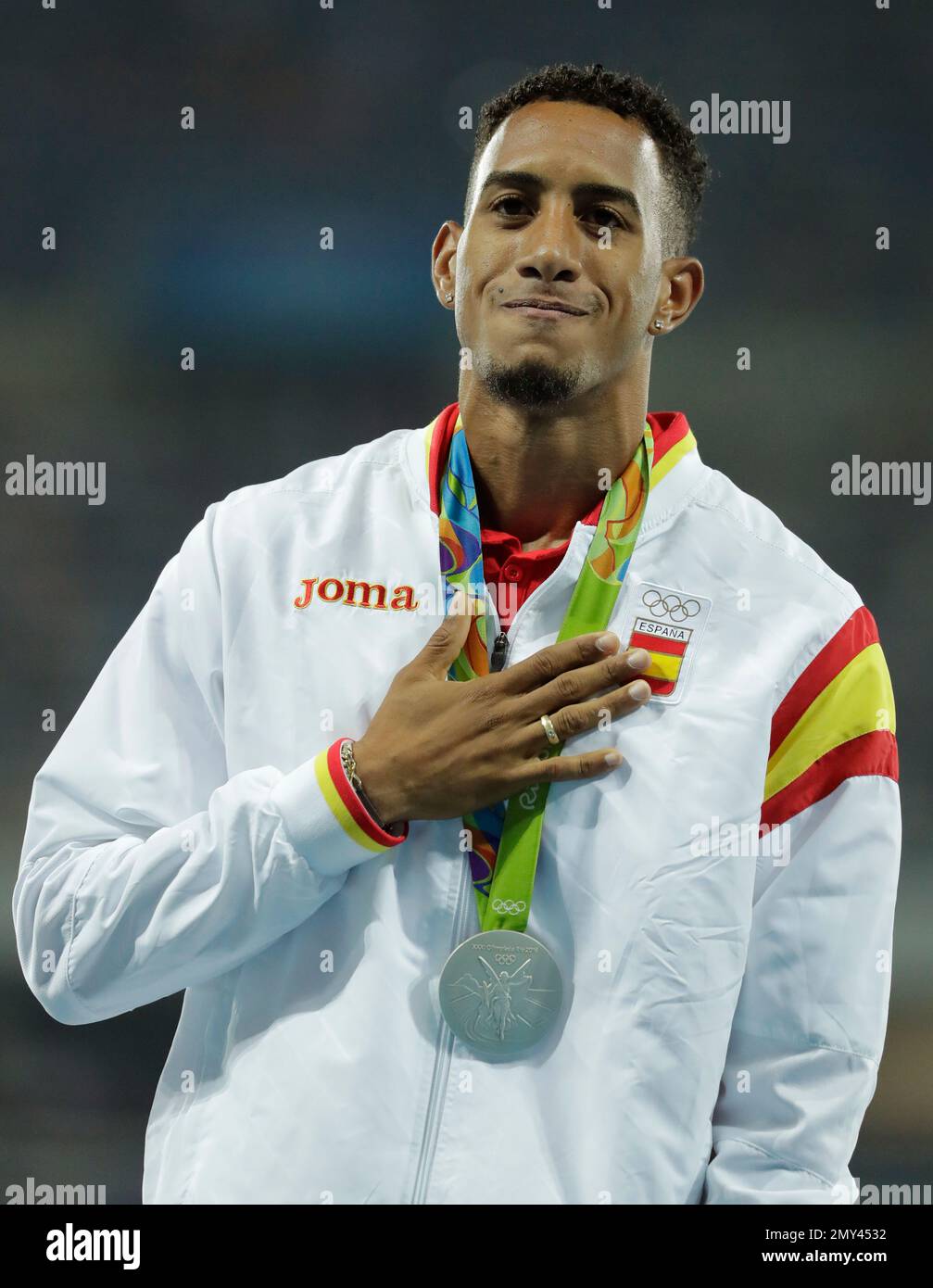 Spain's Orlando Ortega with his silver medal after the award ceremony ...