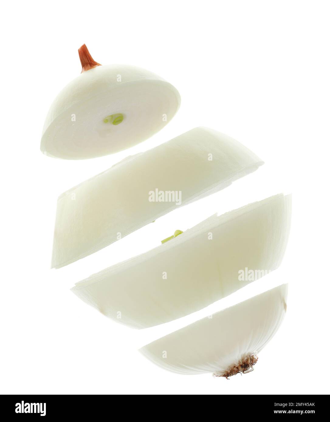 Fresh cut onion flying on white background Stock Photo - Alamy