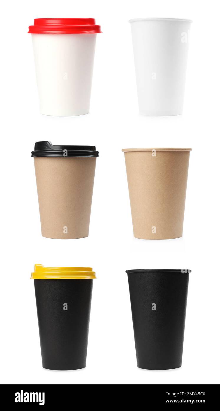 Set of paper coffee cups on white background Stock Photo - Alamy