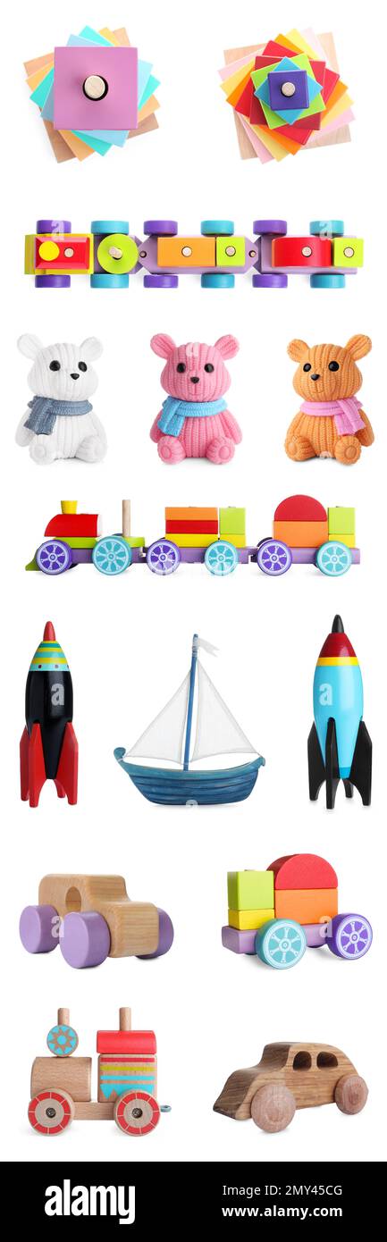 Set of different toys for kids on white background Stock Photo - Alamy