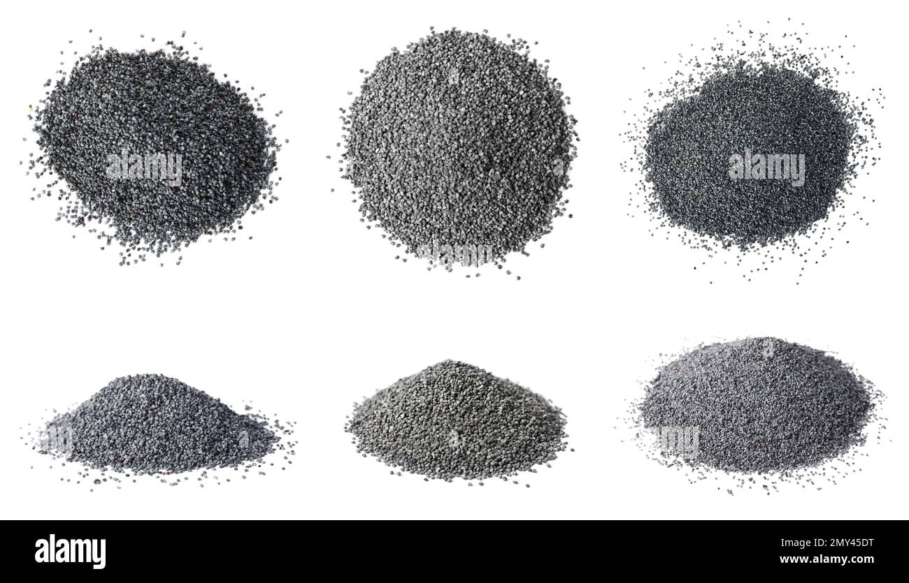 Collage with heaps of poppy seeds on white background Stock Photo - Alamy