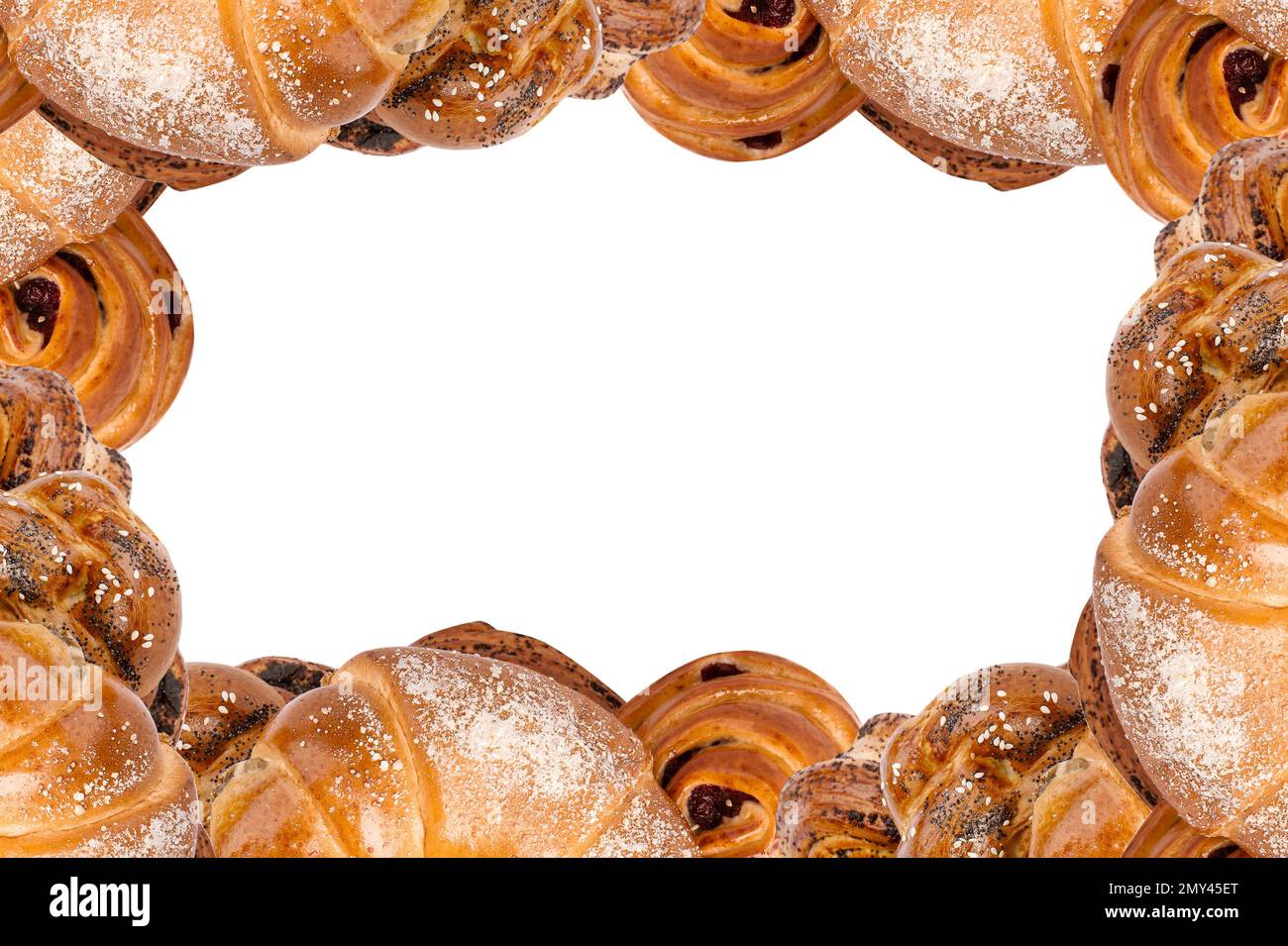 Frame of different pastries with poppy seeds on white background Stock ...