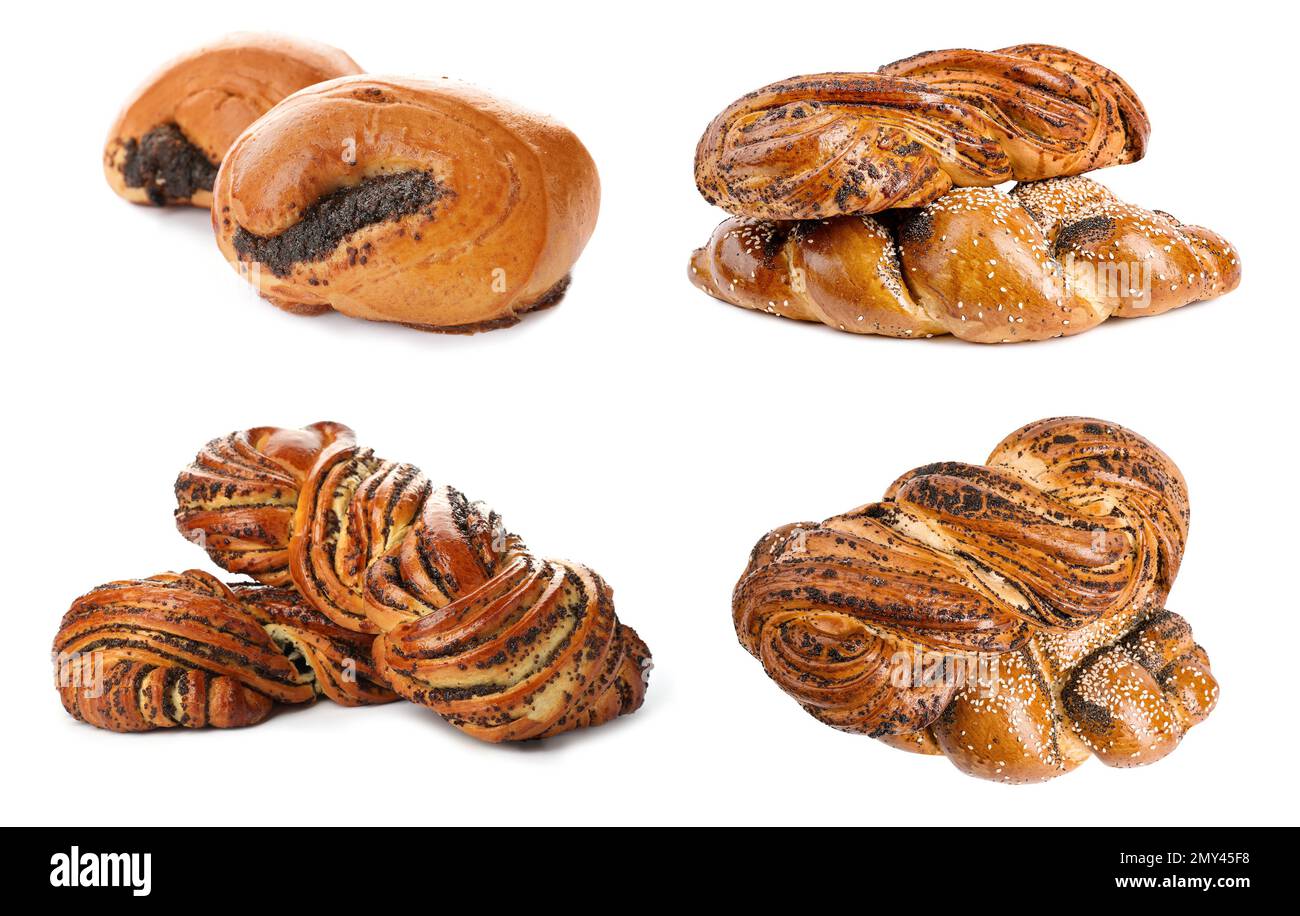 Set of different pastries with poppy seeds on white background Stock ...