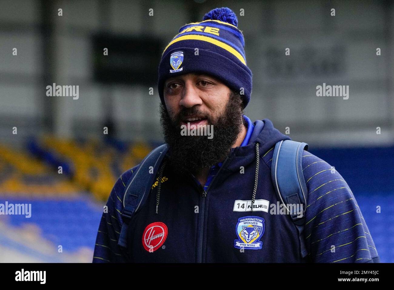 Sam Kasiano #14 of Warrington Wolves arrives at the stadium before the ...