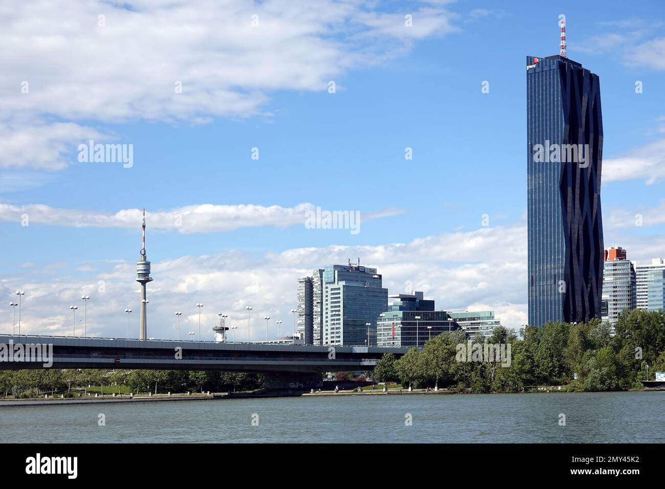 View from Danube to the Imperial bridge, TV tower and Vienna ...