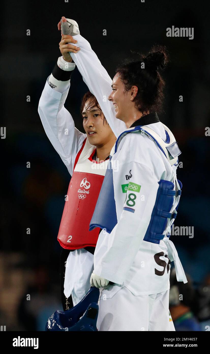 Kim Sohui from South Korea, left, celebrate after defeating Tijana ...