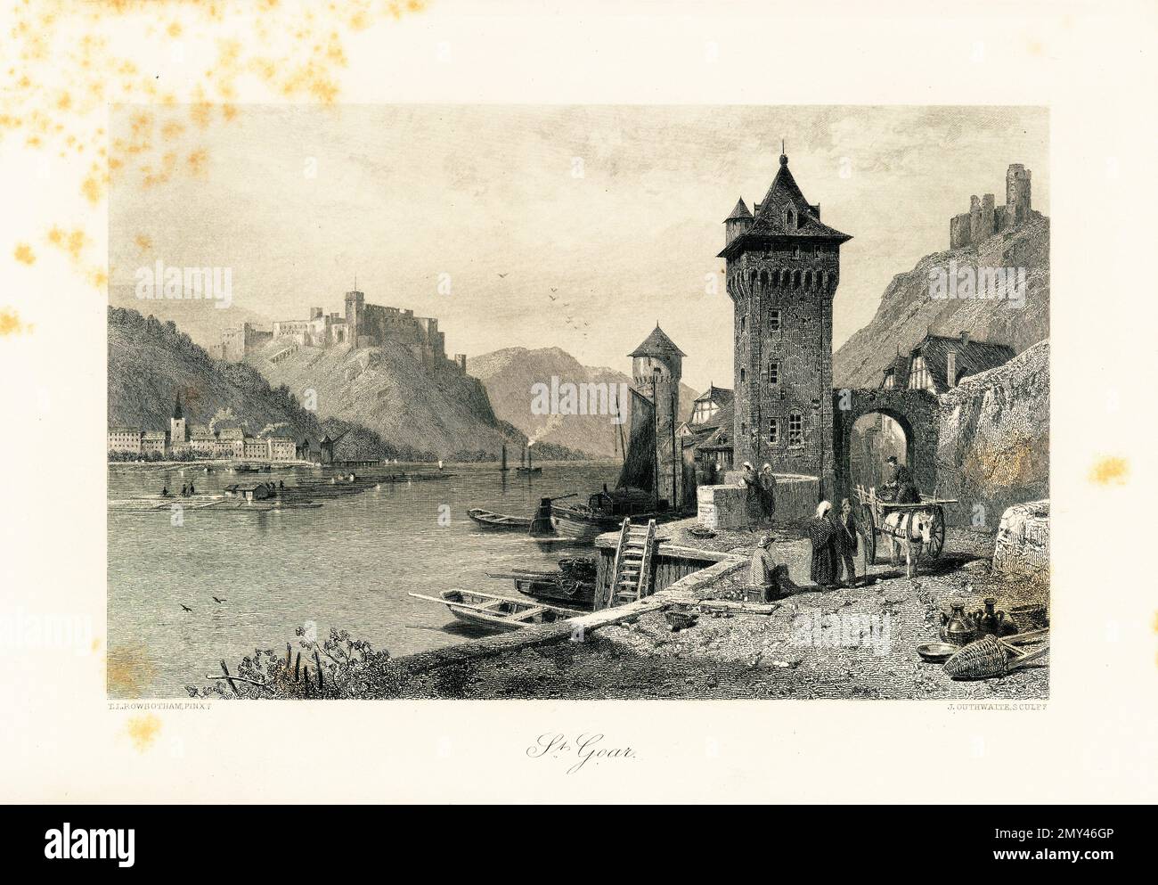 19th-century steel engraving of Sankt Goar, a town on the left bank of ...