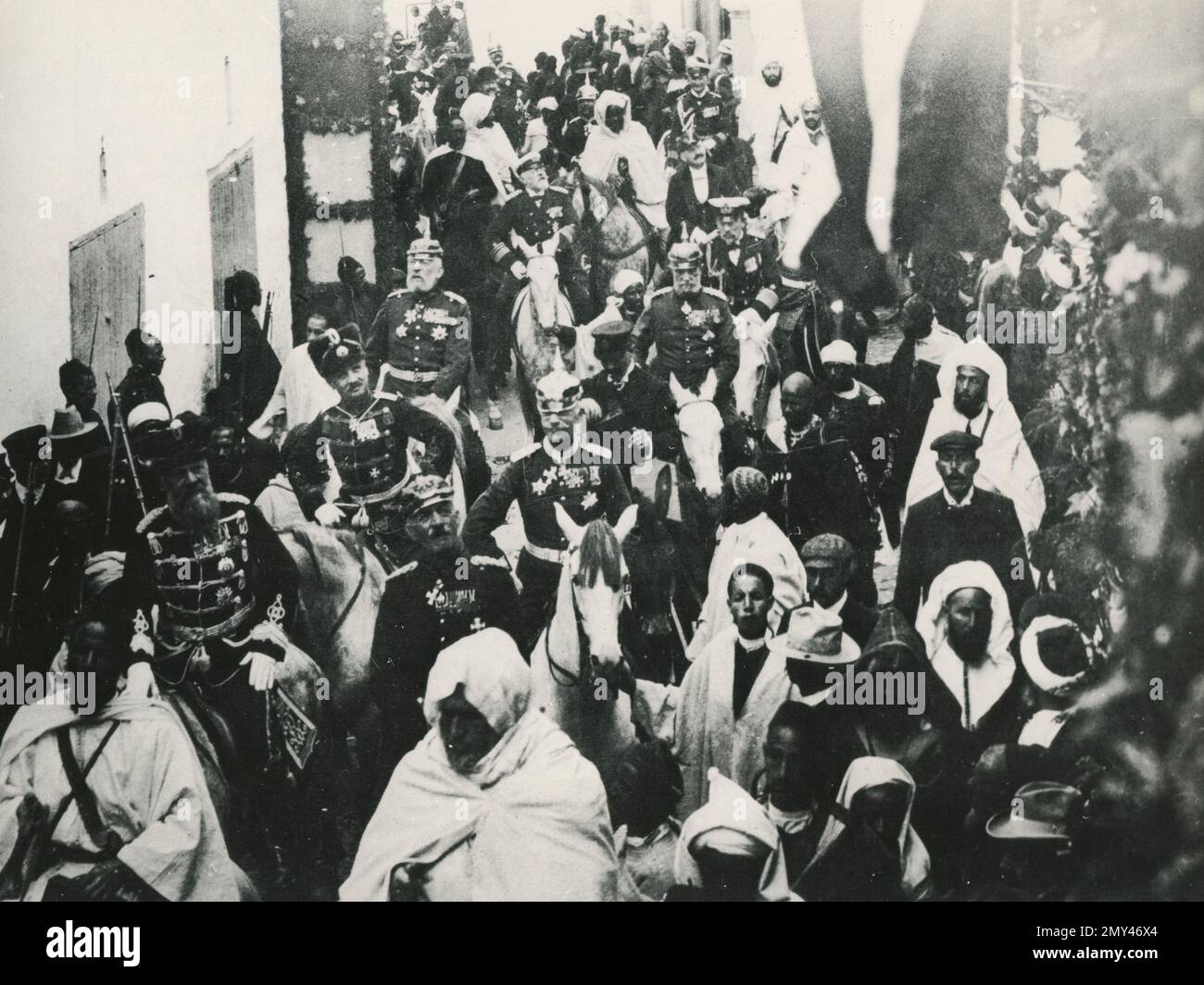 German soldiers following the Emperor during visit in Tanger, Morocco ...