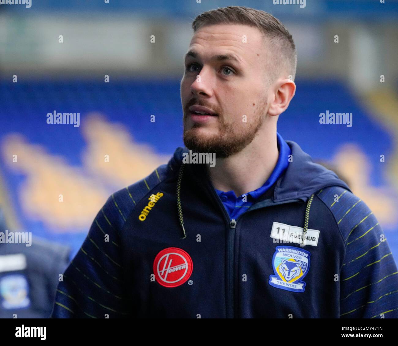 Ben Currie #11 of Warrington Wolves arrives at the stadium before the ...