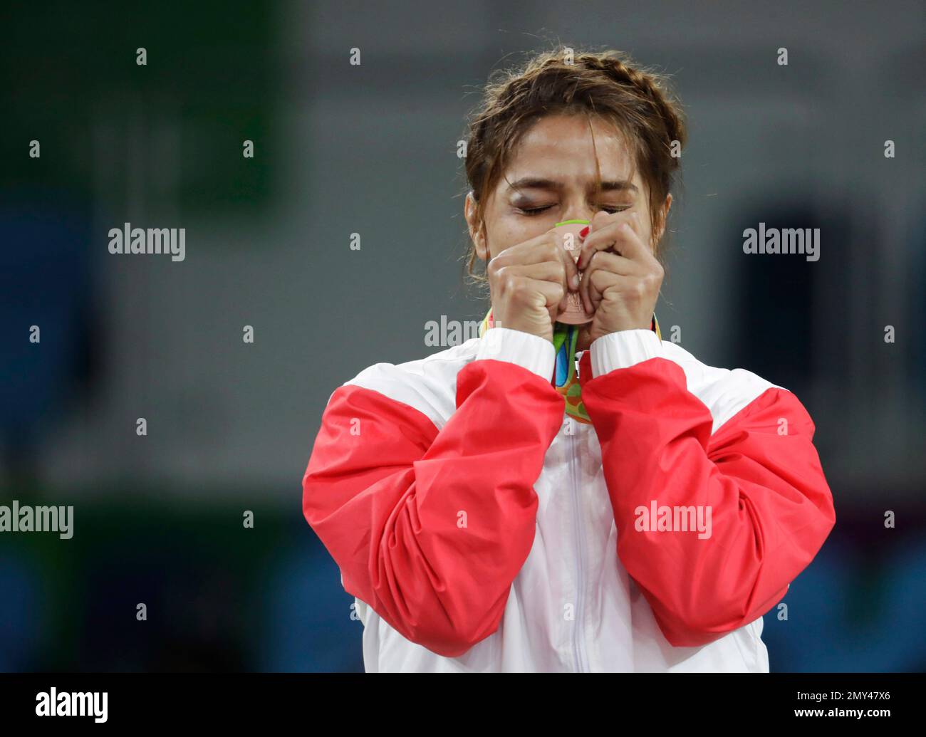 Tunisia's Marwa Amri, bronze medalist, celebrates during the medals ...