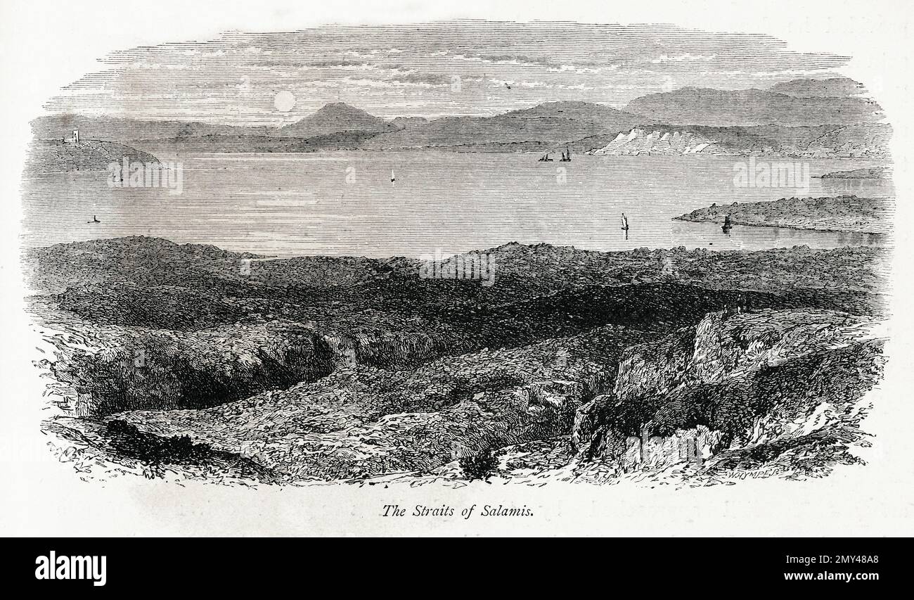 Antique illustration of the strait of Salamis in the Saronic Gulf ...