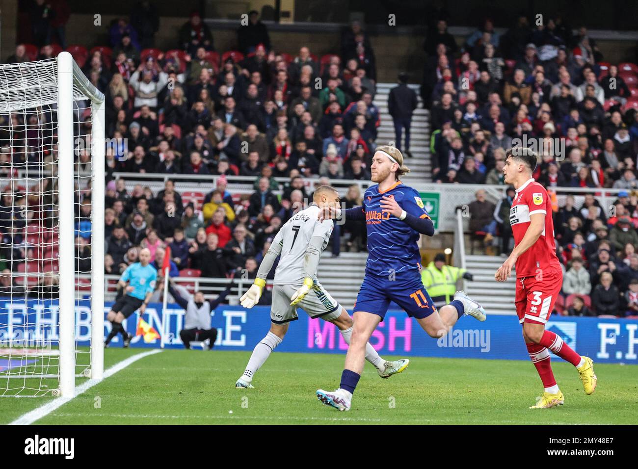 Josh Bowler #11 of Blackpool sees his shot go well over the bar during ...